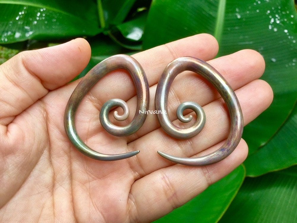 1 Pair (2 Pieces) Antique Metallic Earth Tear Drop Spirals Pyrex Glass ...