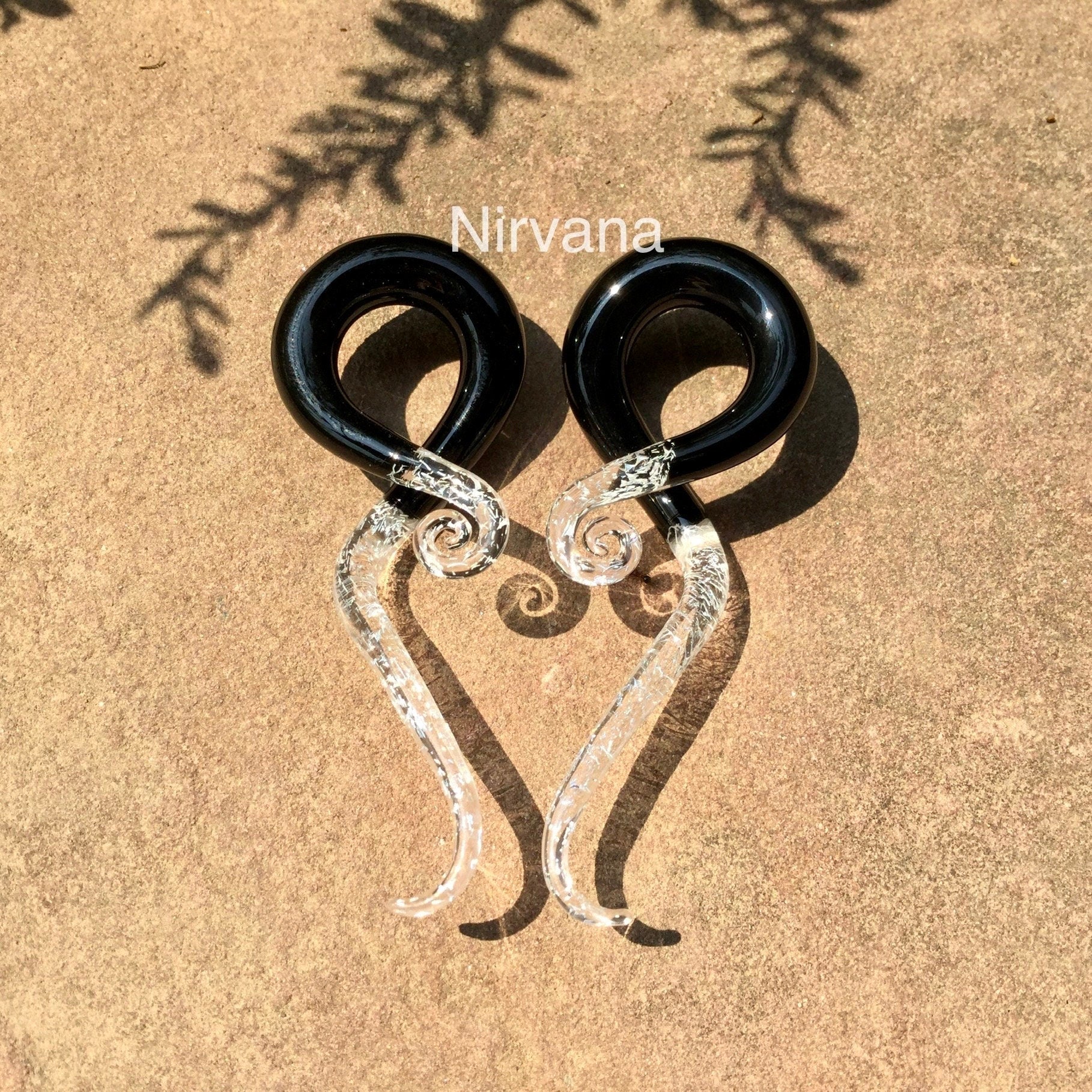 1 Pair (2 Pieces) Black & Translucent Silver Dichroic Note Spirals ...